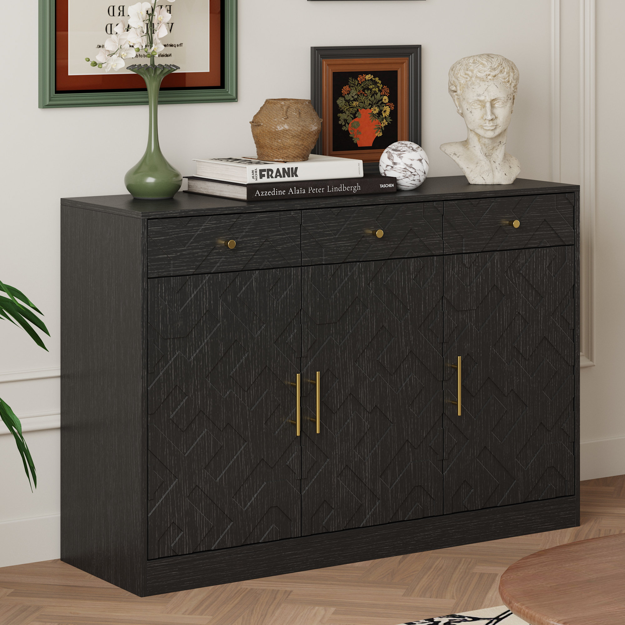 Ebern Designs 47.2" Wide 3-Door Embossed Accent Cabinet With 2 Drawers | Wayfair